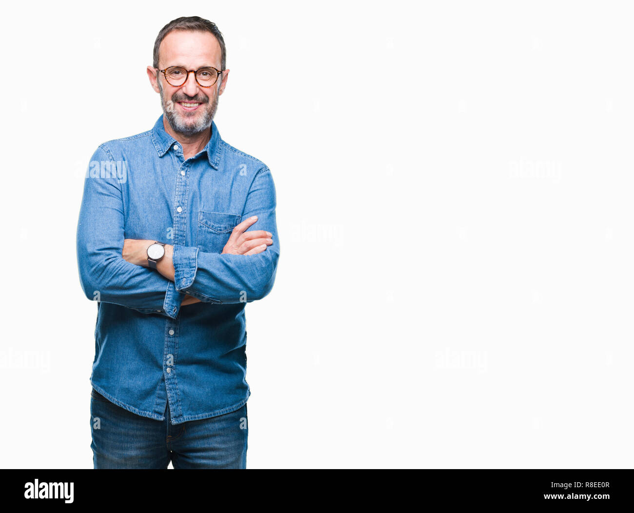 Middle age hoary senior man wearing glasses over isolated background ...