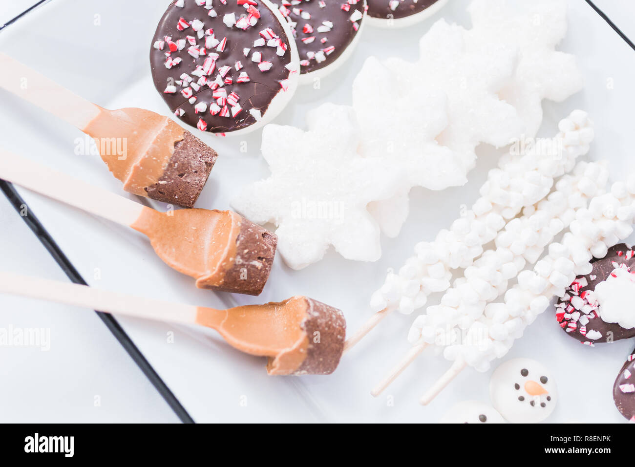 Close up view. Variety of marshmallow toppings with peppermint and ...