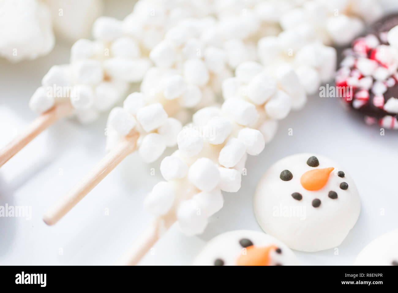 Close up view. Variety of marshmallow toppings with peppermint and ...