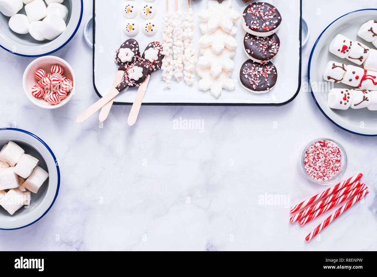 Flat lay. Variety of marshmallow toppings with peppermint and chocolate ...