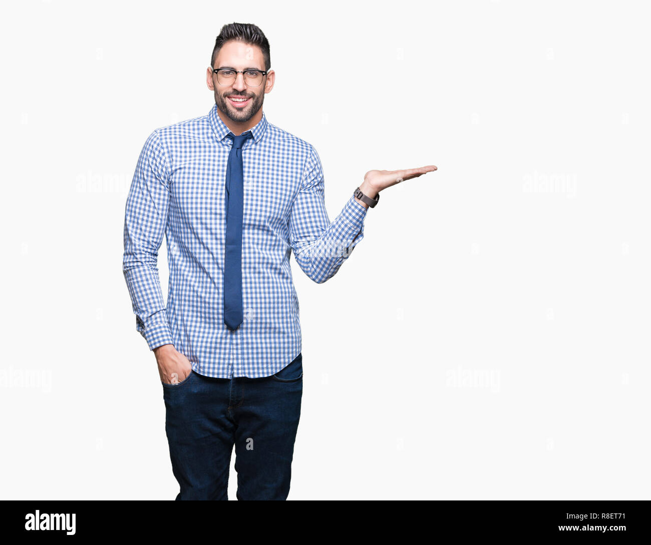 Young business man wearing glasses over isolated background smiling ...