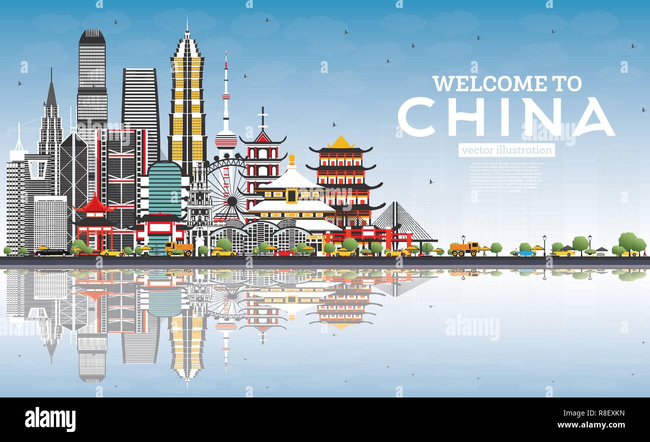 Welcome to China Skyline with Gray Buildings, Blue Sky and Reflections ...