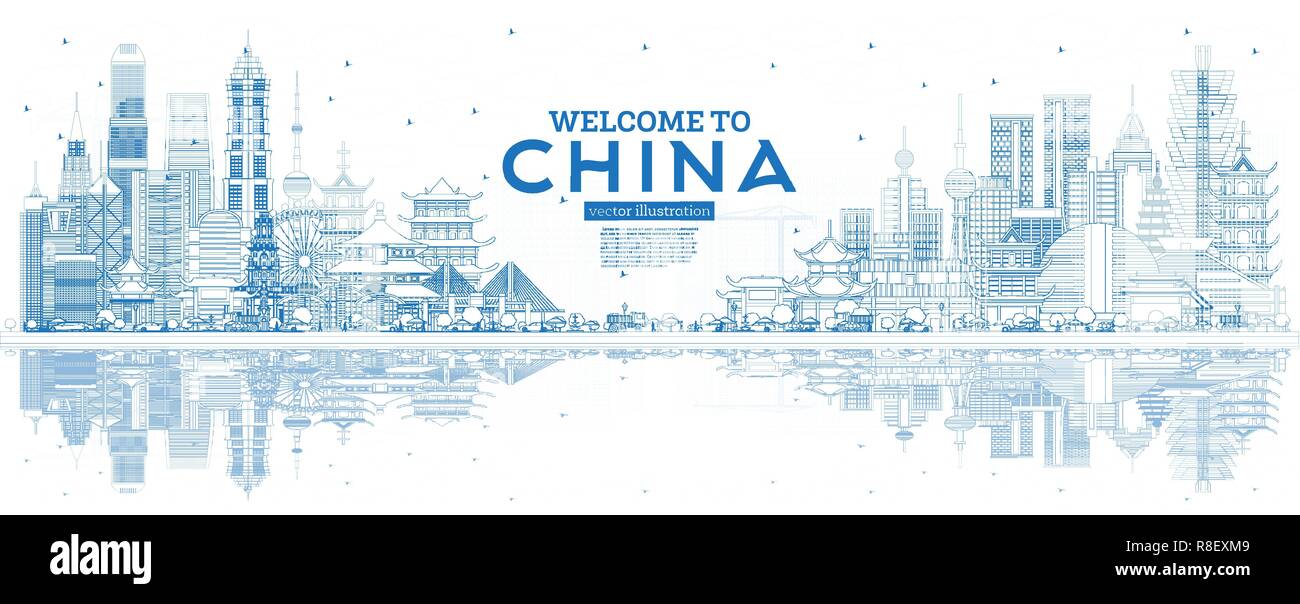 Outline China Skyline with Blue Buildings and Reflections. Famous ...