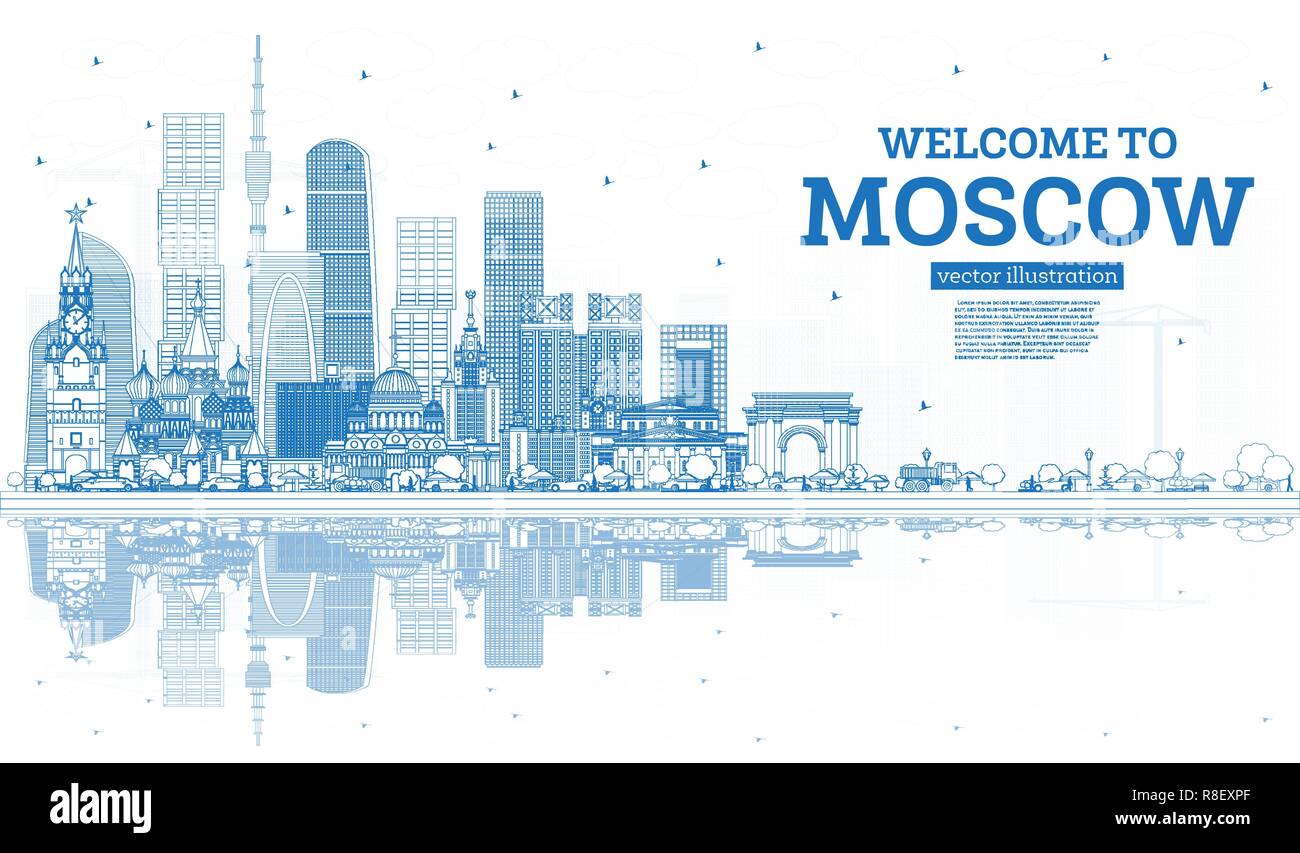 Outline Welcome to Moscow Russia Skyline with Blue Buildings and ...