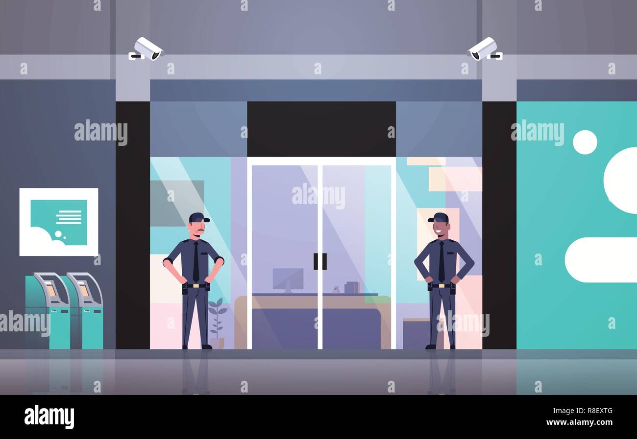 security guard men working at entrance door business building exterior ...