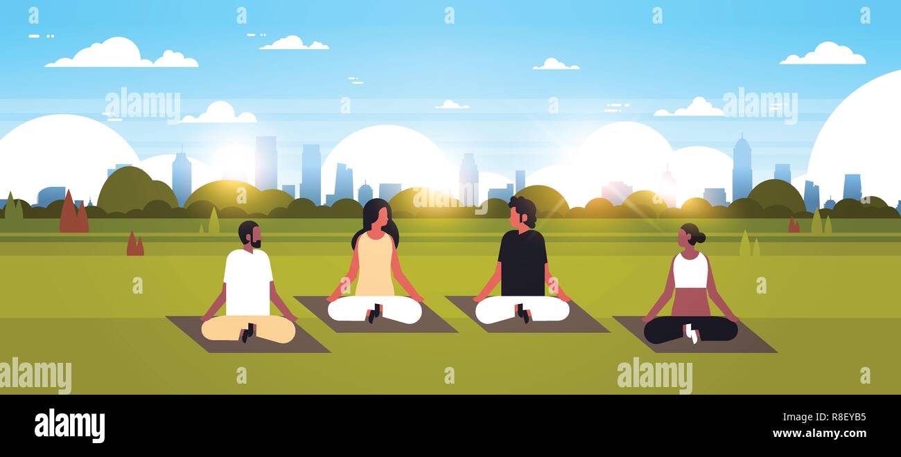 mix race people sitting lotus position doing sport fitness exercises ...