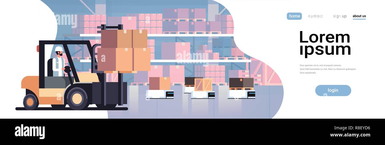 man driving forklift loader pallet truck warehouse robot car parcel box ...