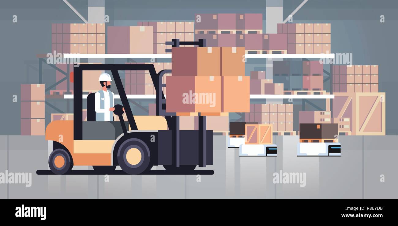 man driving forklift loader pallet truck warehouse robot car parcel box ...