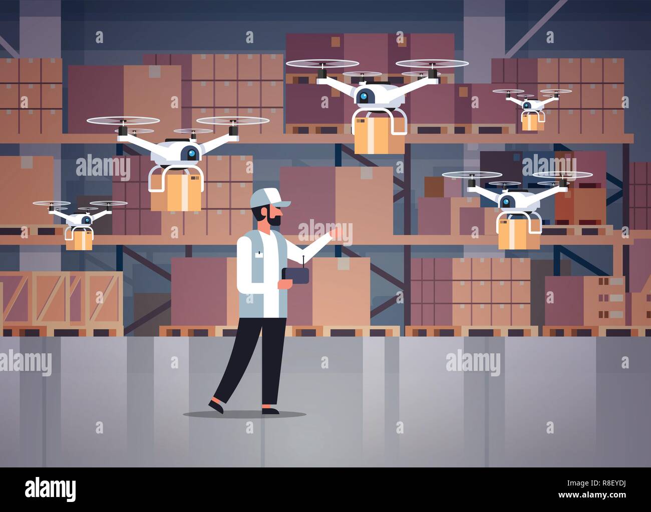 man courier hold wireless remote control parcel drones air delivery ...