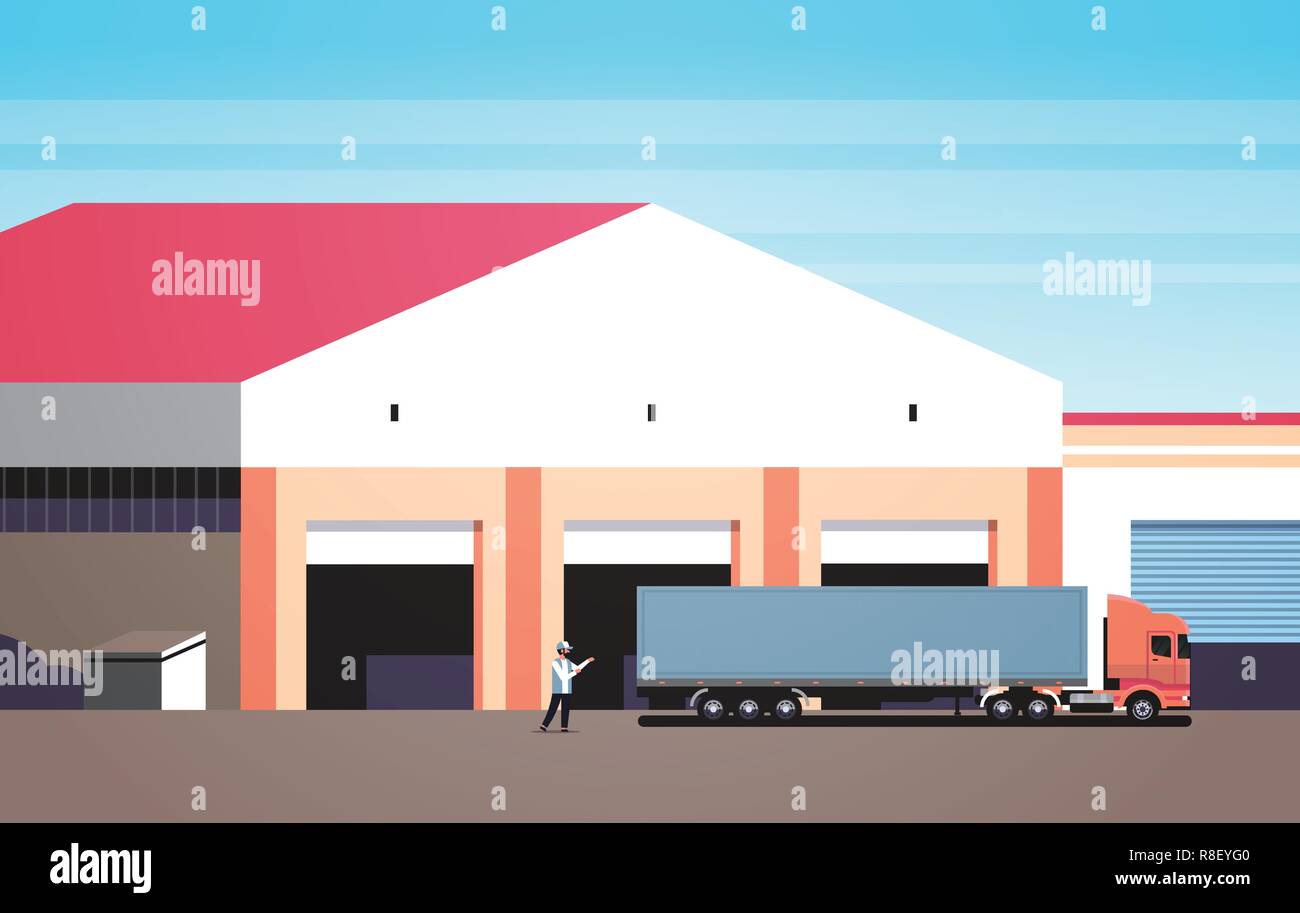 man help big semi truck drive into warehouse parking lots loading ramp ...