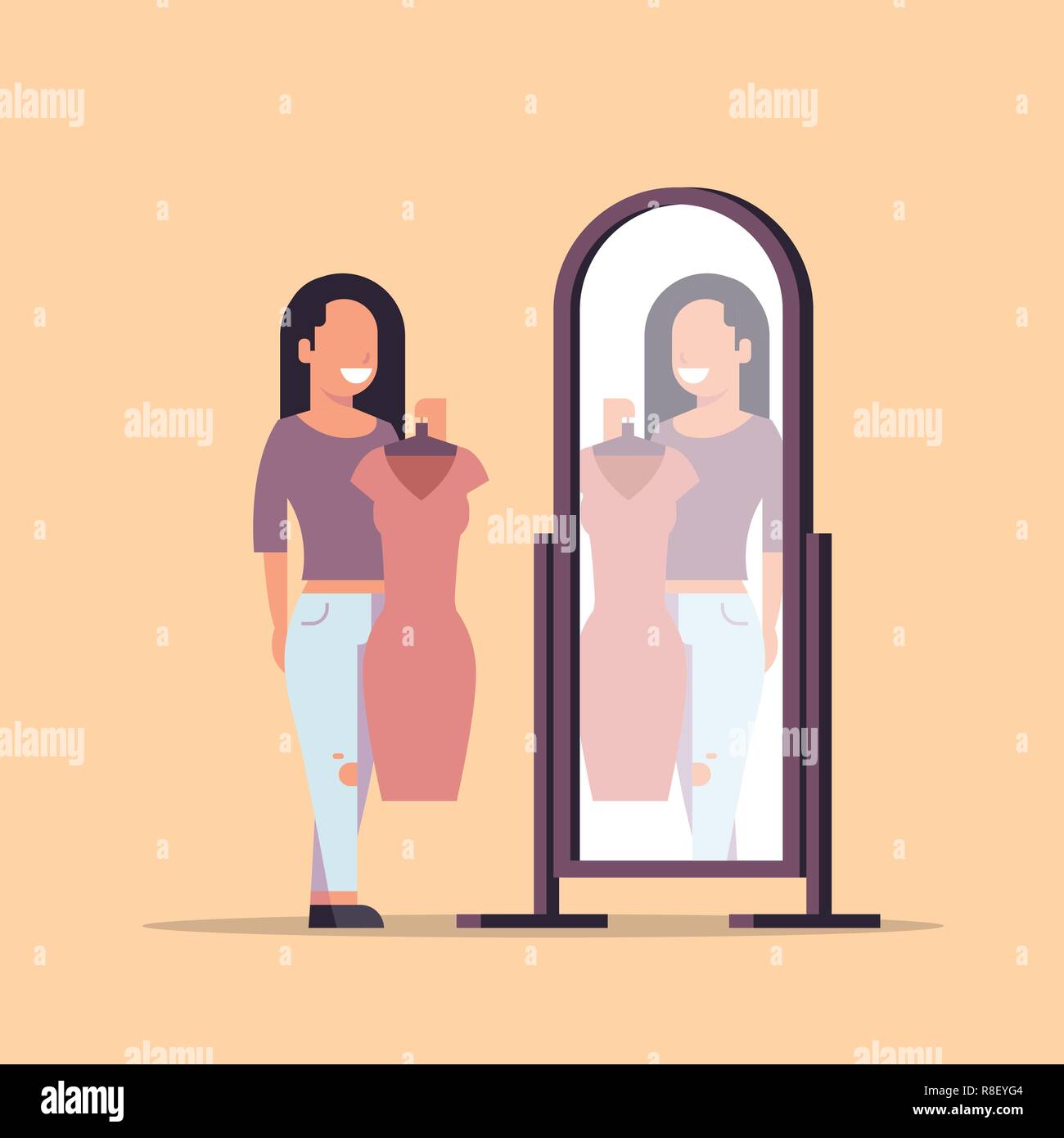 brunette woman trying on new dress elegant lady looking at mirror ...