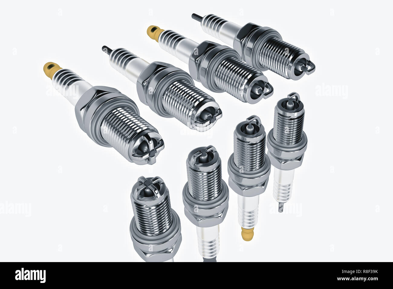 3D Spare parts spark plugs on white background for car and motorcycle ...