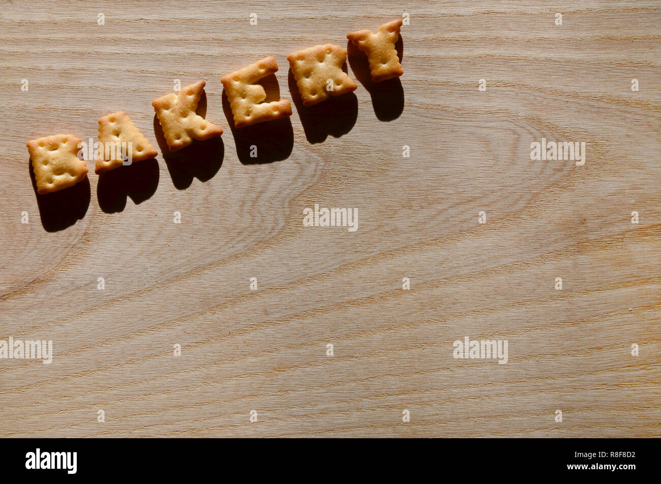 Bakery. Text from the salty crackers as printed English letters that ...