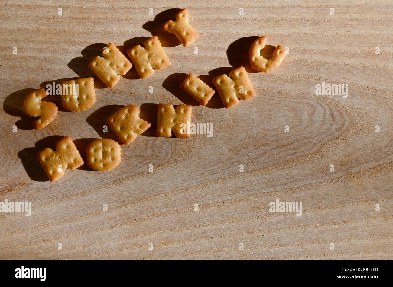 Sunny morning. Text from the salty crackers as printed English letters ...