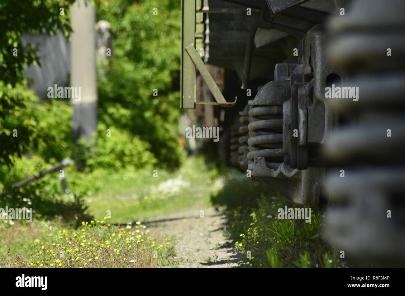 Landscape with a freight train. Railway carriage in spring season Stock ...