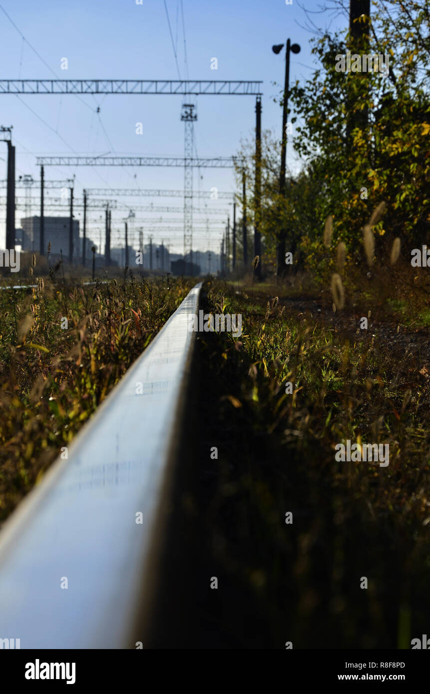 Railway landscape. Many railroad cars and tanks standing in rails Stock ...