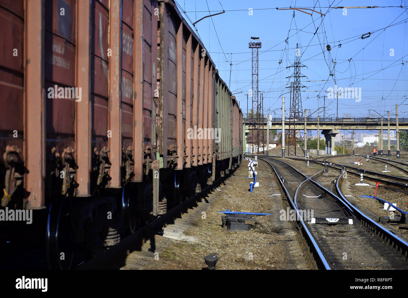 Railway landscape. Many railroad cars and tanks standing in rails Stock ...