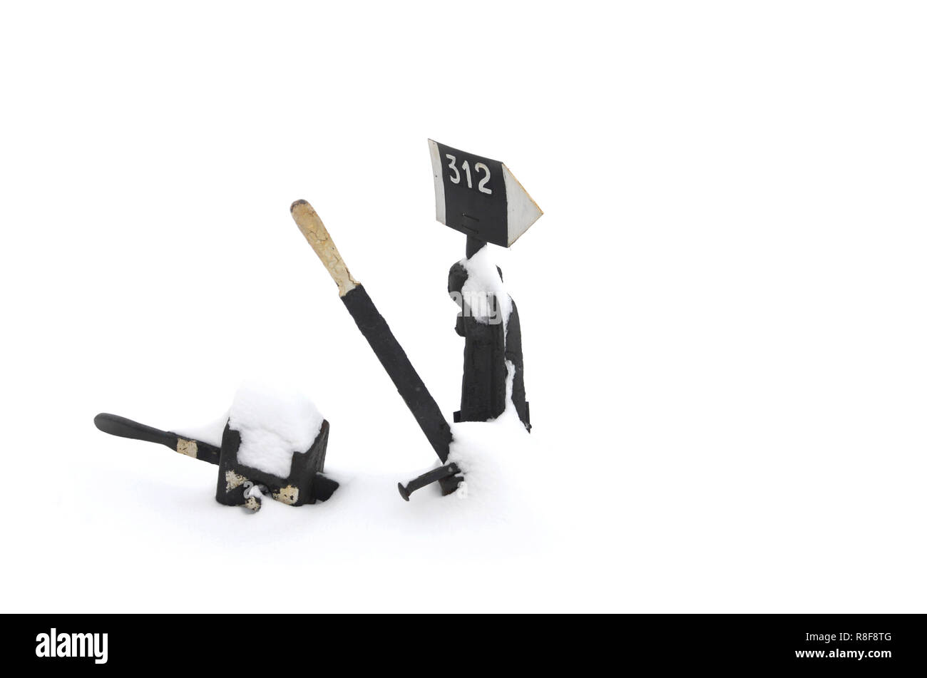 Railway switch path. Old vintage railway switching tracks under a thick ...