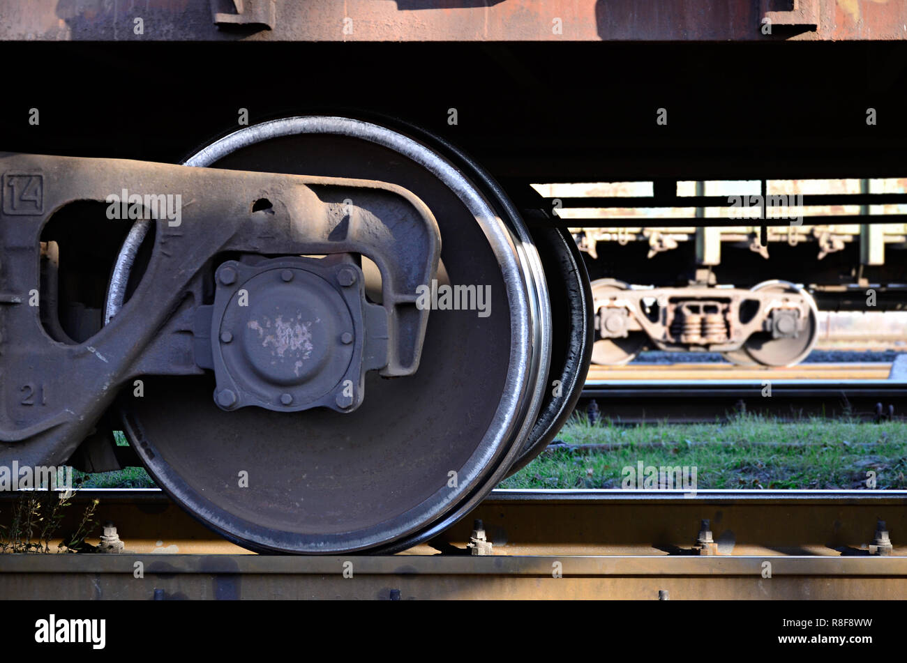 Detailed photo of railway freight car. A fragment of the component ...