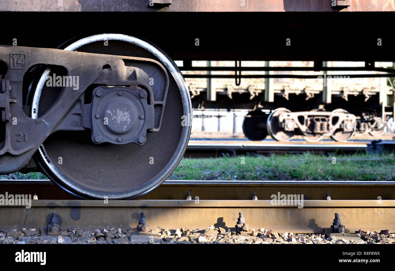 Detailed photo of railway freight car. A fragment of the component ...