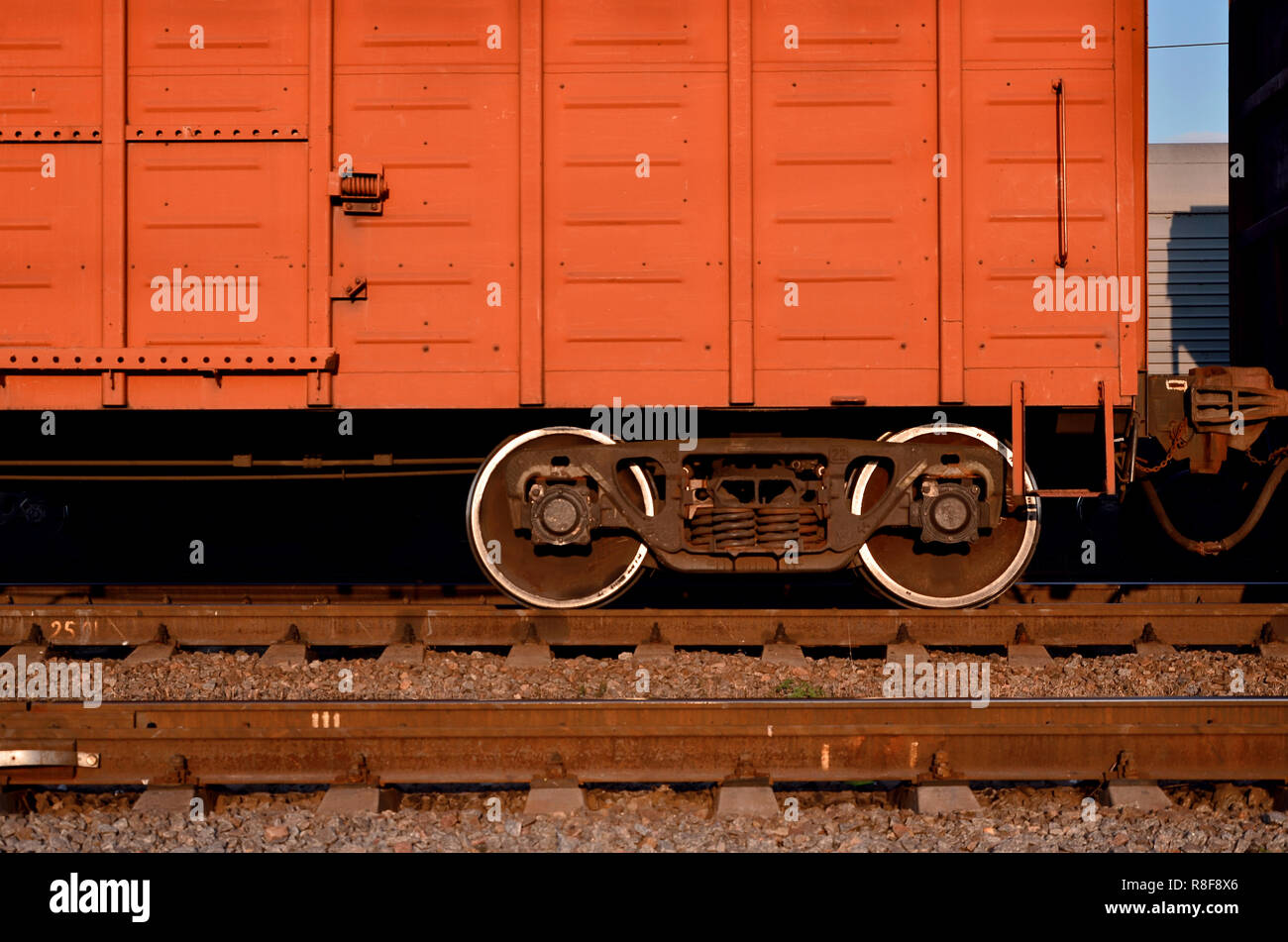 Detailed photo of railway freight car. A fragment of the component ...