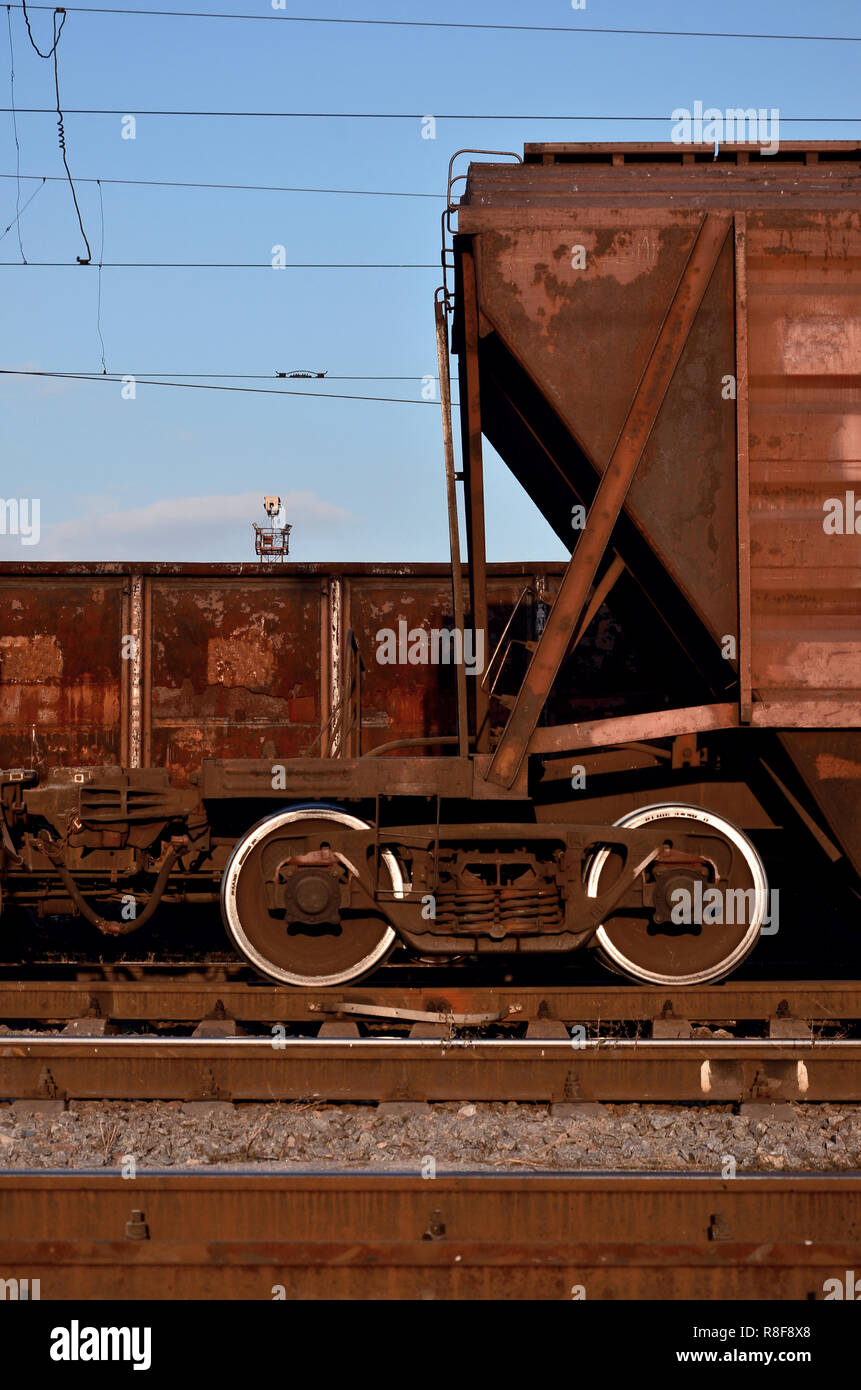 Detailed photo of railway freight car. A fragment of the component ...