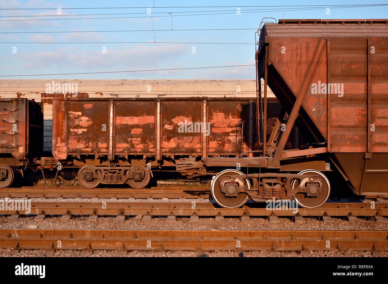 Detailed photo of railway freight car. A fragment of the component ...