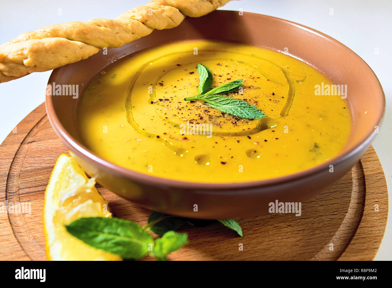 Turkish Traditional lentil cream soup with mint, lemon and homemade ...