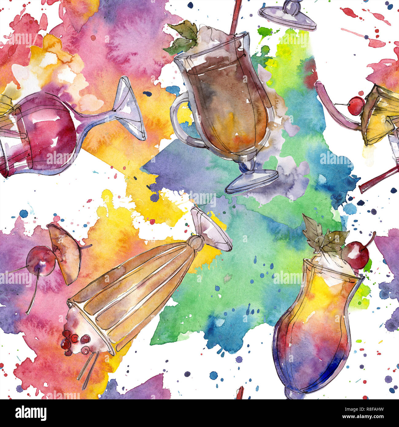 Cocktail watercolor background. Watercolour drawing seamless background ...