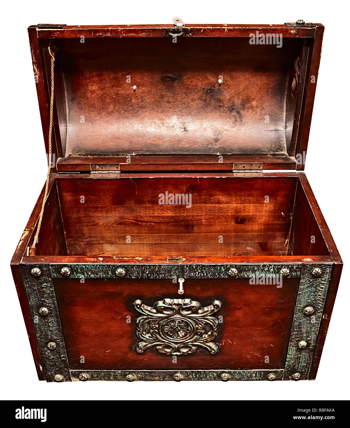 Old wooden trunk with the lid open, close up high angle view, isolated ...
