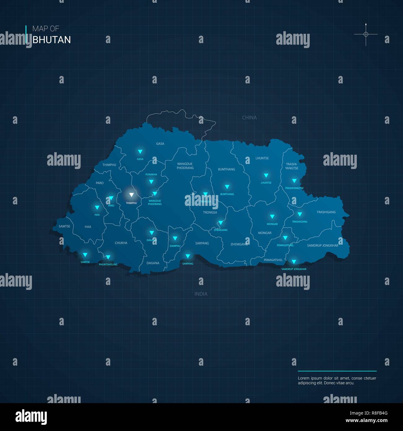Vector Bhutan map illustration with blue neon lightpoints - triangle on ...