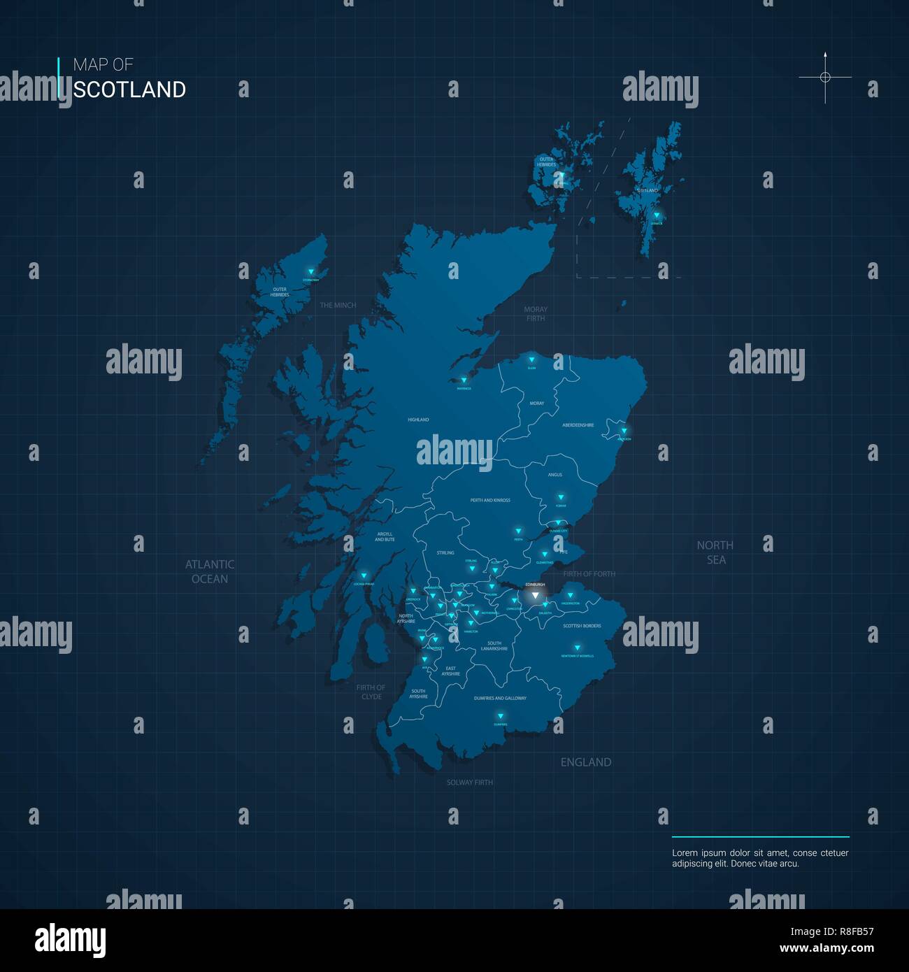 Vector Scotland map illustration with blue neon lightpoints - triangle ...