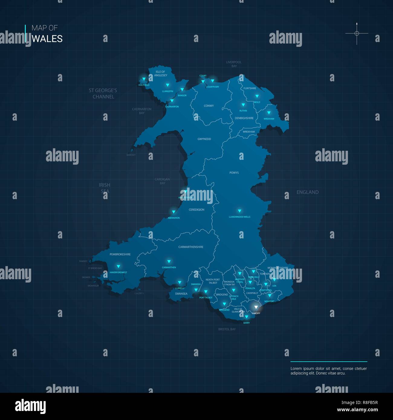 Vector Wales map illustration with blue neon lightpoints - triangle on ...