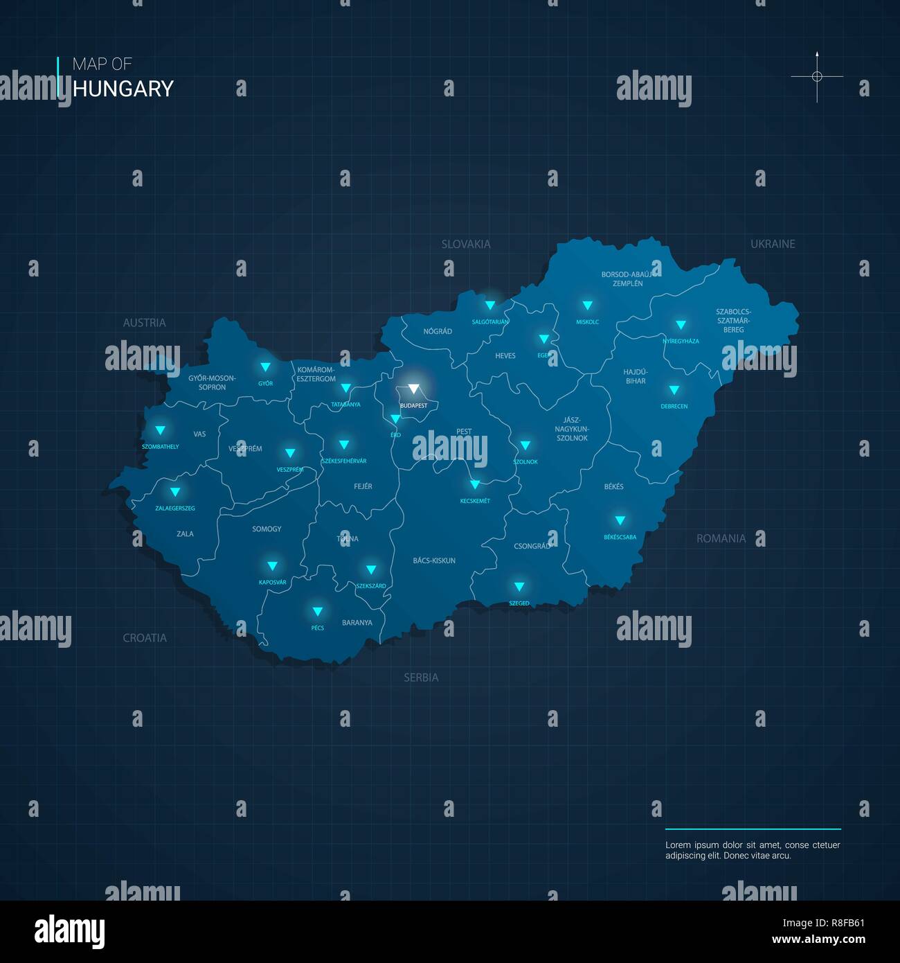 Vector Hungary map illustration with blue neon lightpoints - triangle ...
