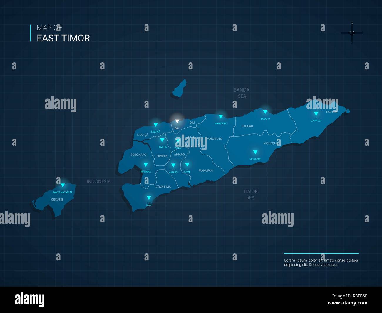 Vector East Timor map illustration with blue neon lightpoints ...