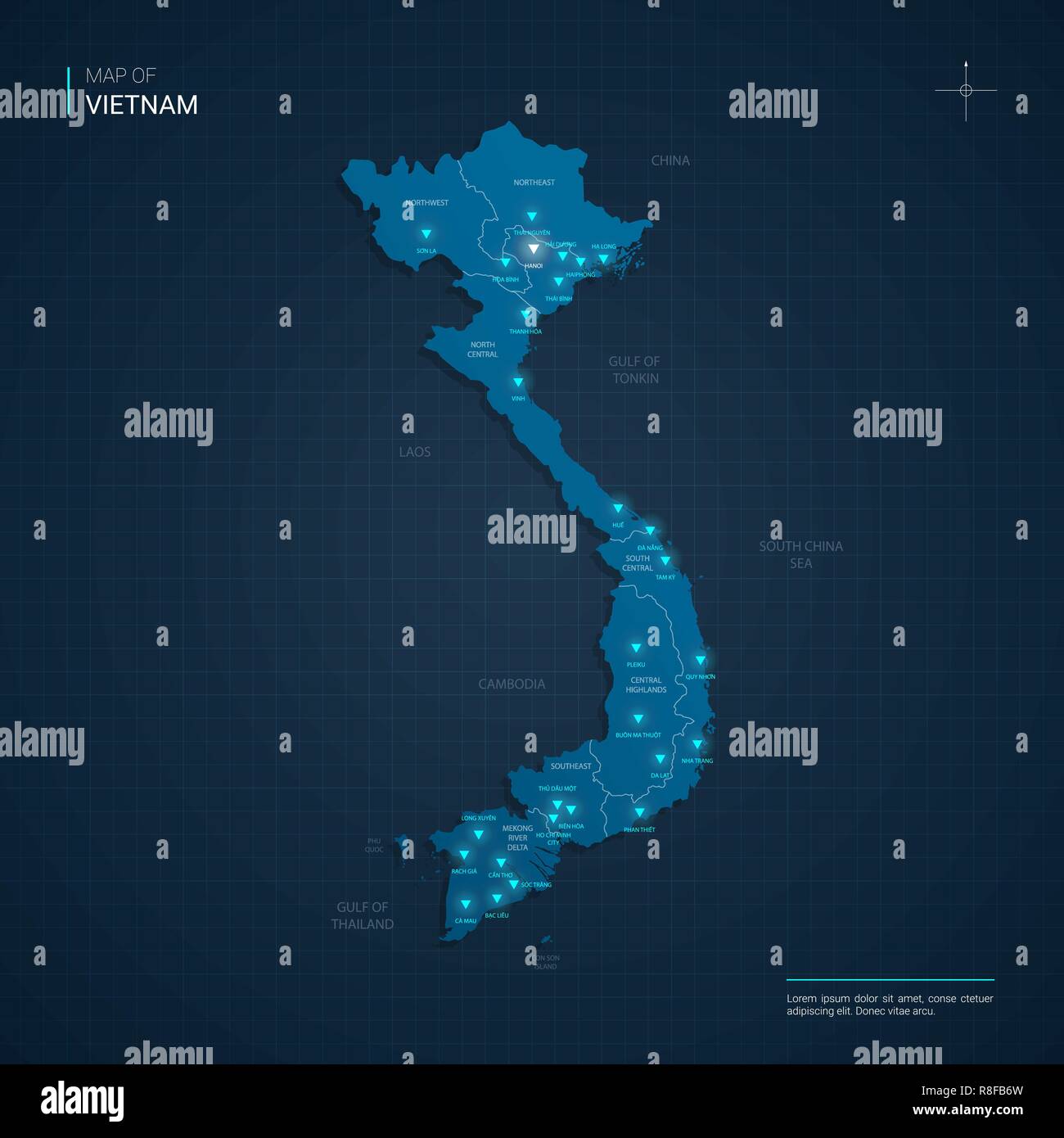 Vector Vietnam map illustration with blue neon lightpoints - triangle ...
