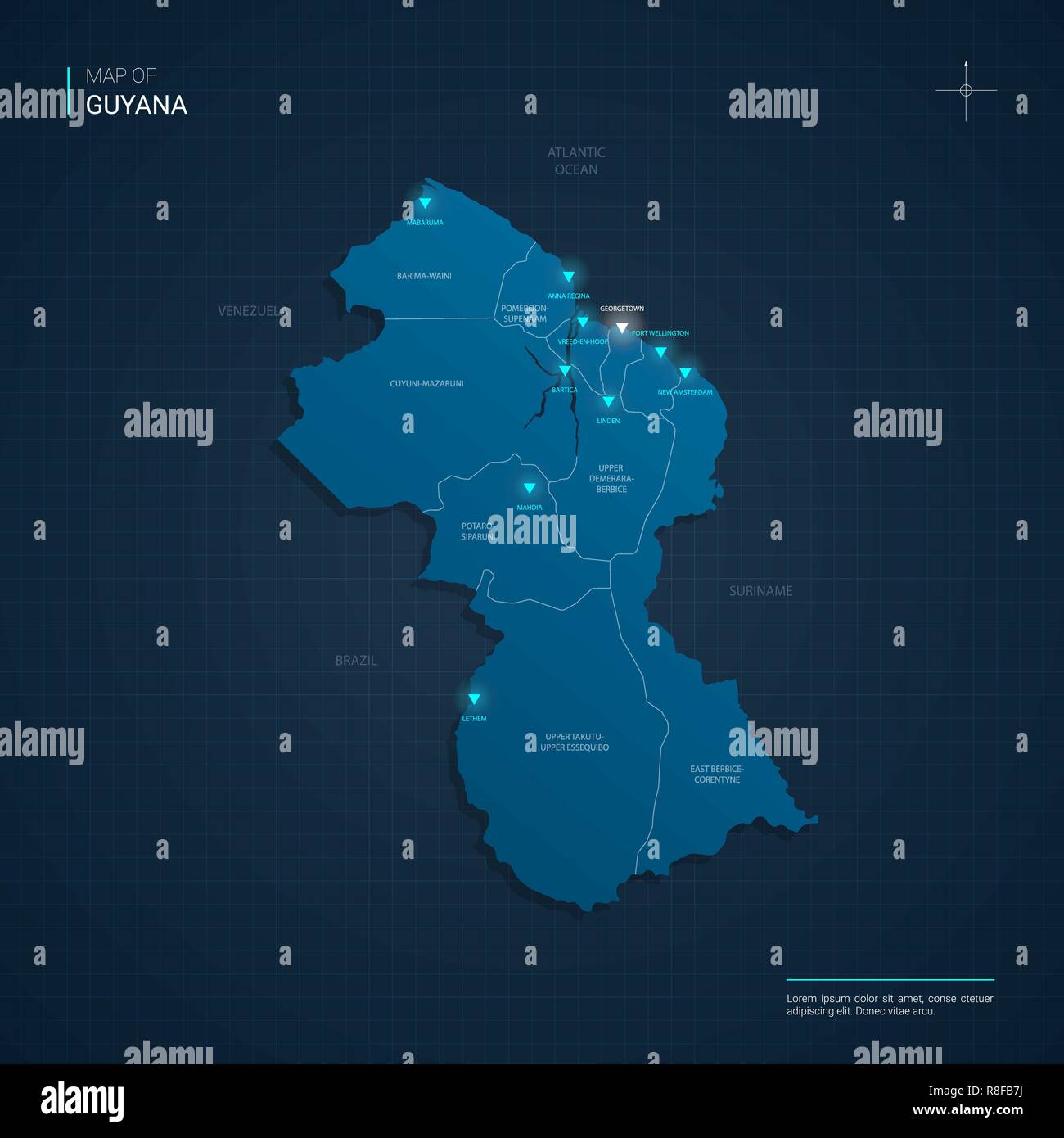 Vector Guyana map illustration with blue neon lightpoints - triangle on ...