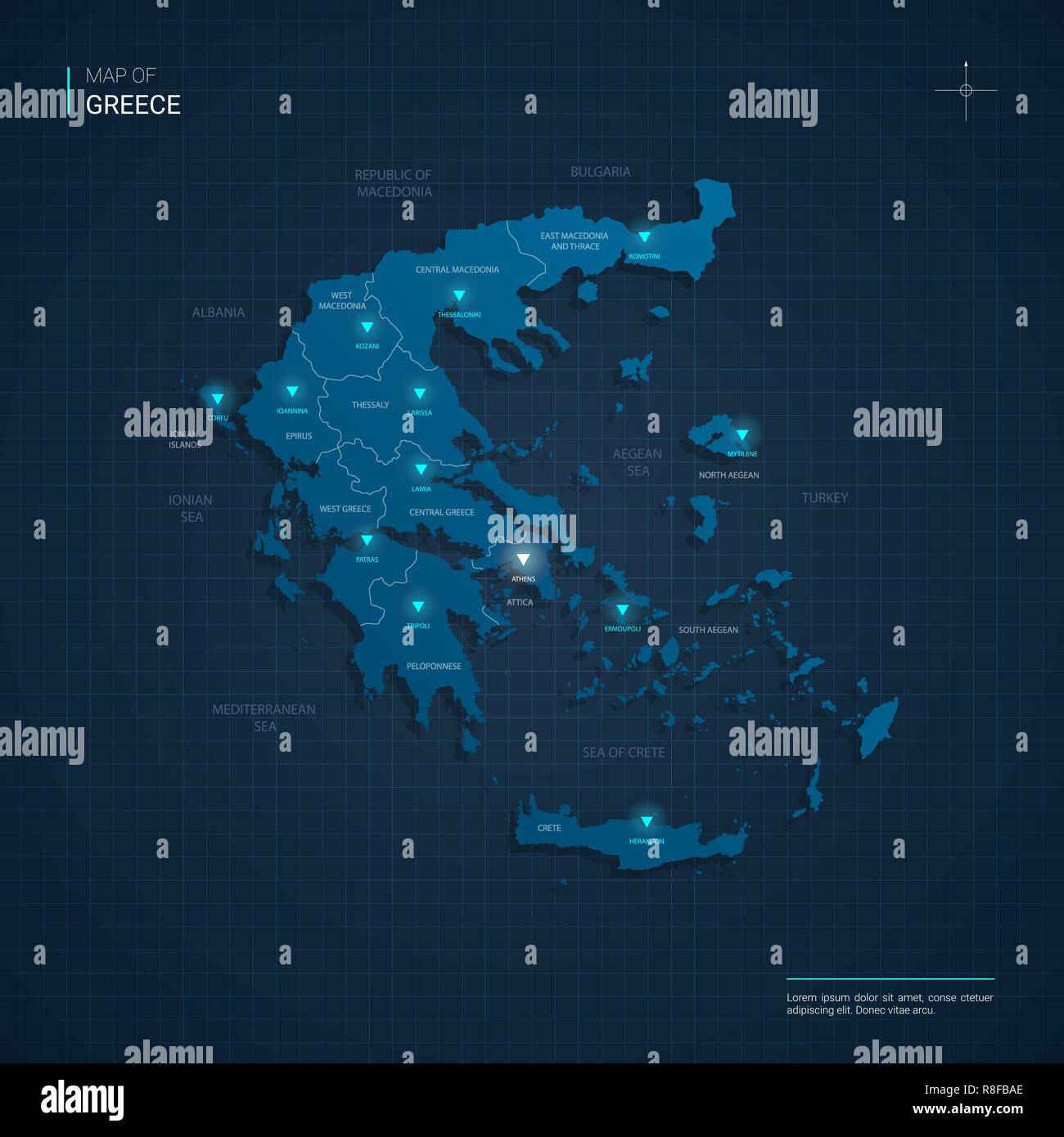 Vector Greece map illustration with blue neon lightpoints - triangle on ...