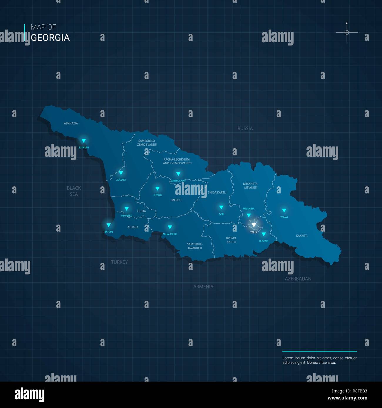 Vector Georgia map illustration with blue neon lightpoints - triangle ...