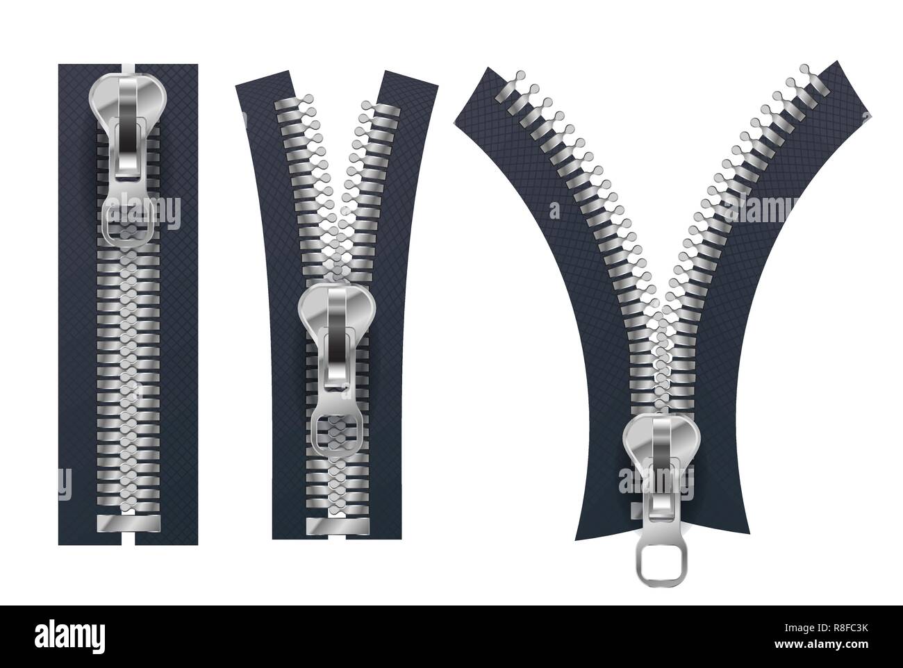 Set of different metallic fasteners, open and closed zippers isolated on white Stock Vector ...