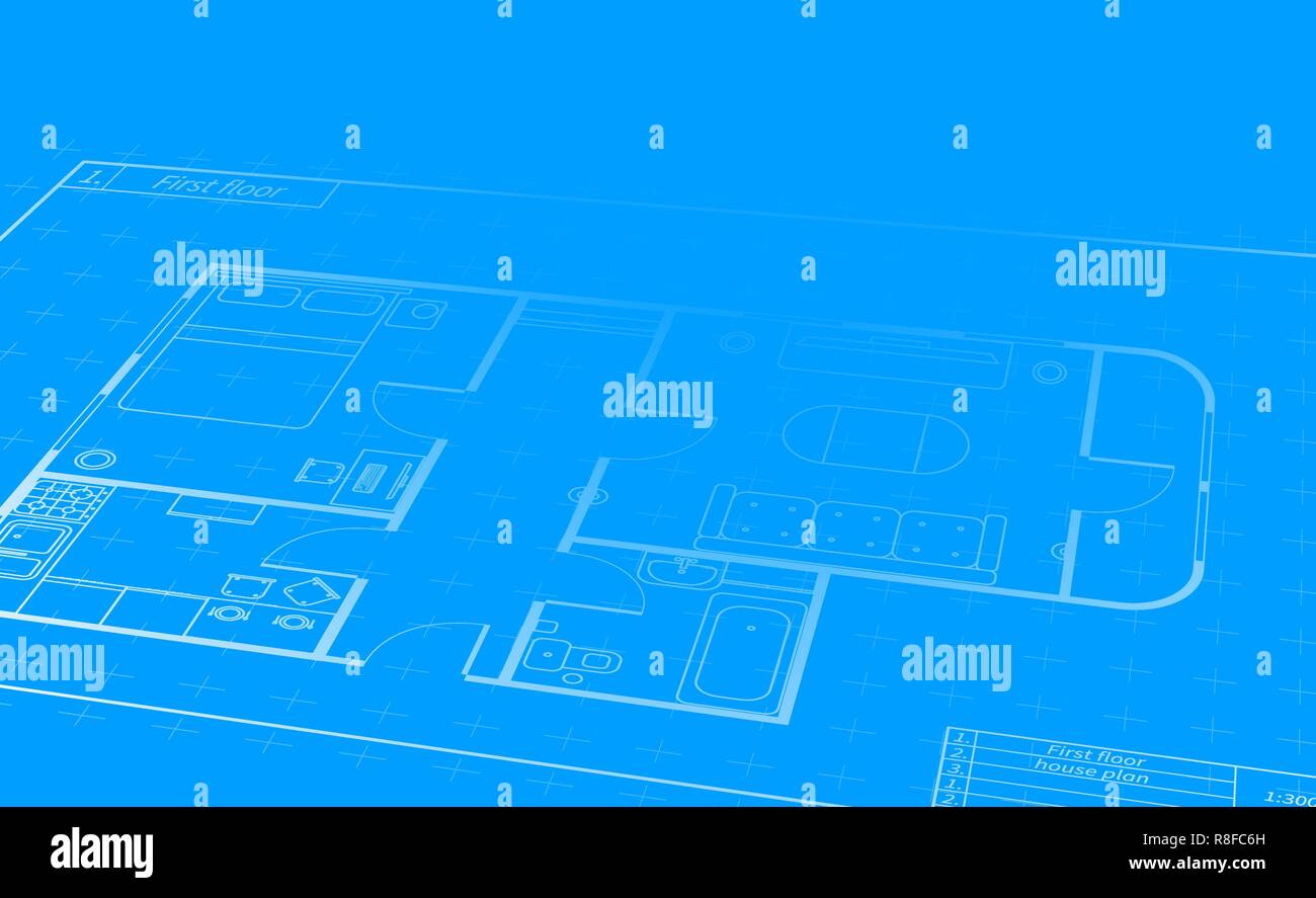 Engineering scroll with detailed white house plan, building blueprint ...
