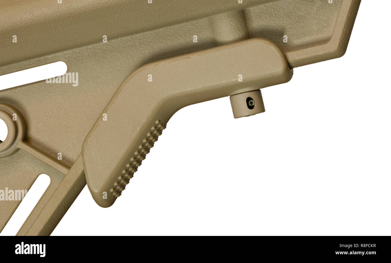 Lever on an AR-15 used to adjust its length isolated on white Stock ...