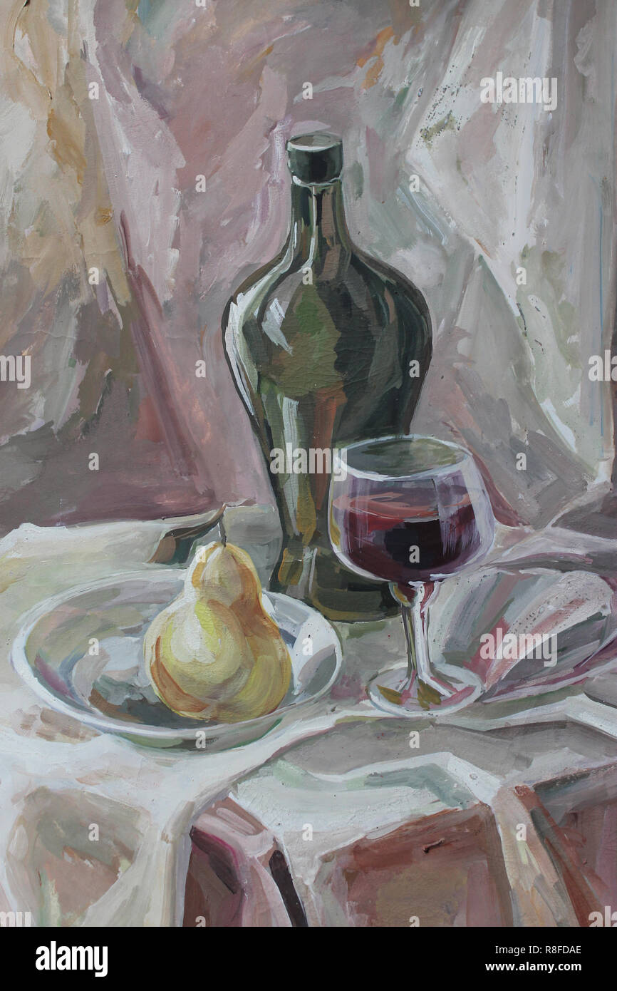 still life gouache color painting the bottle glass Stock Photo - Alamy