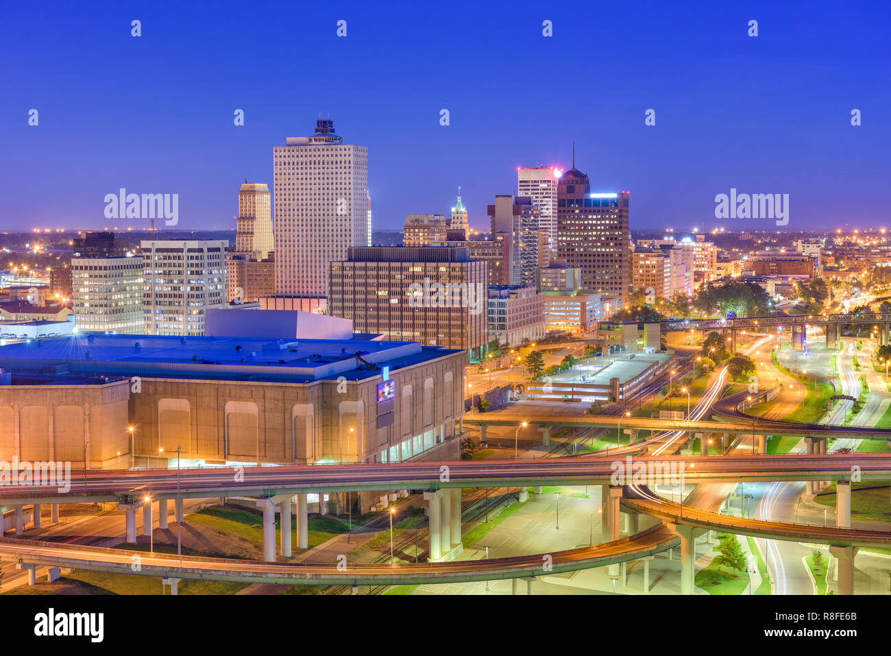 Memphis, Tennessee, USA downtown city skyline over highways at dusk ...