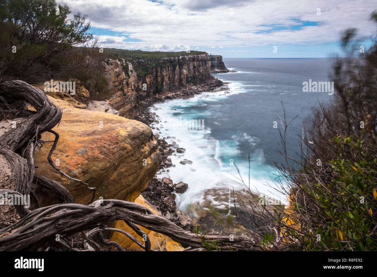 Long exposure waves and cliffs at head lookout. Manly walking trek ...