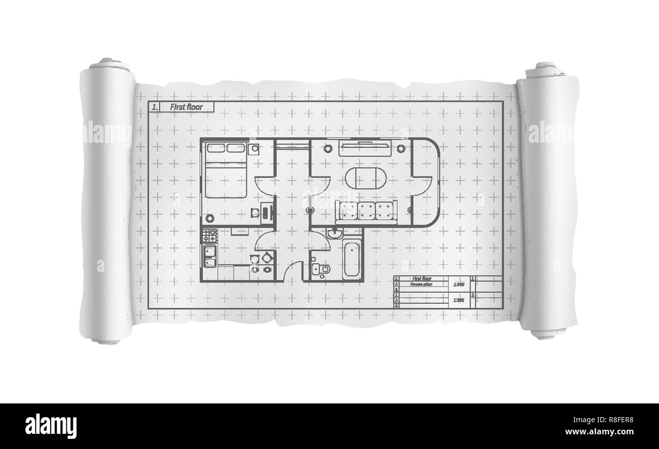 Engineering white scroll with detailed house plan, building blueprint ...