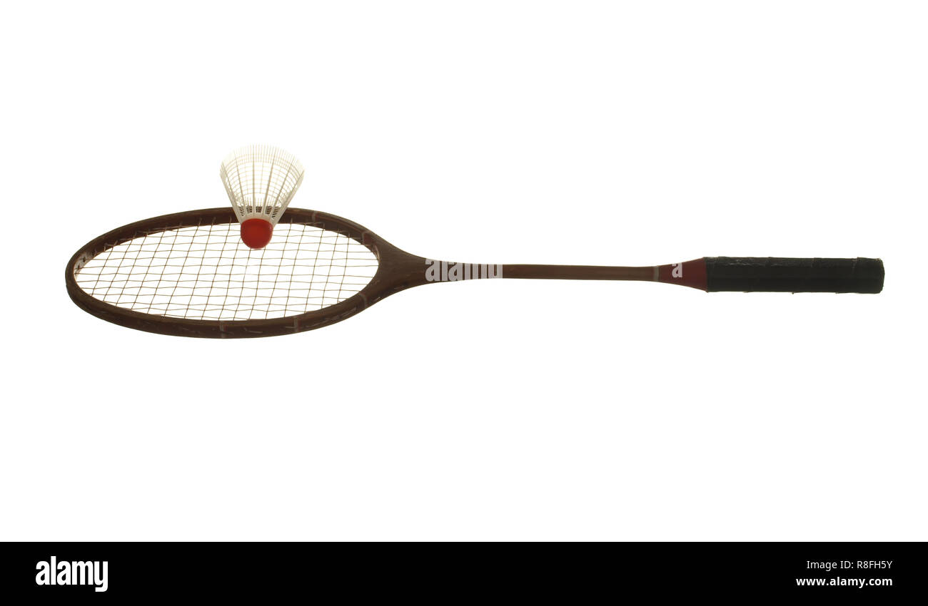 Old wooden badminton racket and shuttlecock isolated on white ...