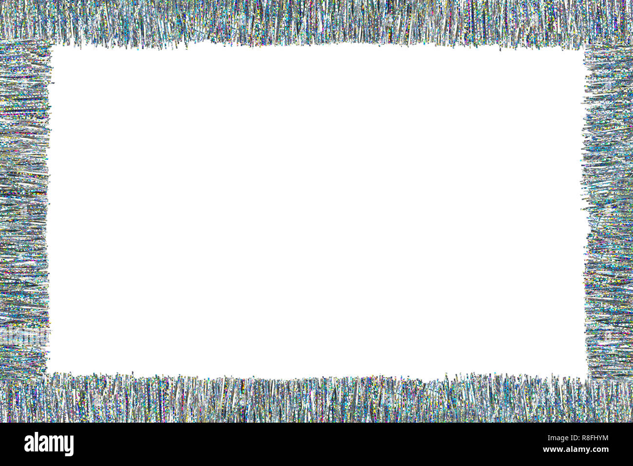 Frame made from silver and colorful tinsel, isolated on white ...