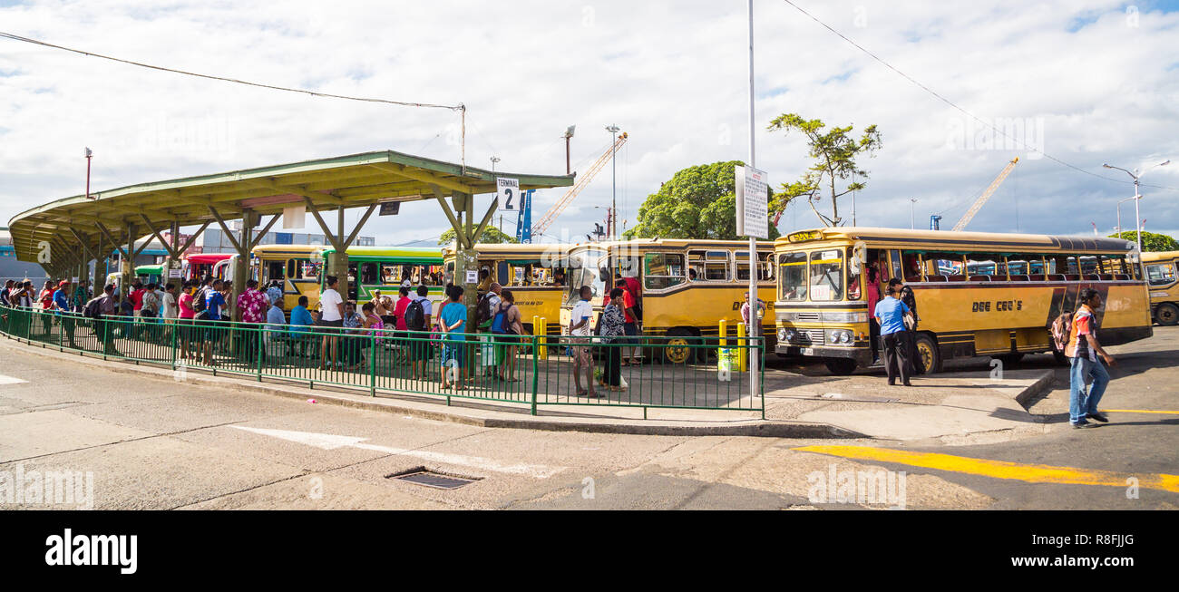 Suva, Fiji - Dec 31 2014: Busy central bus station in Suva city center ...