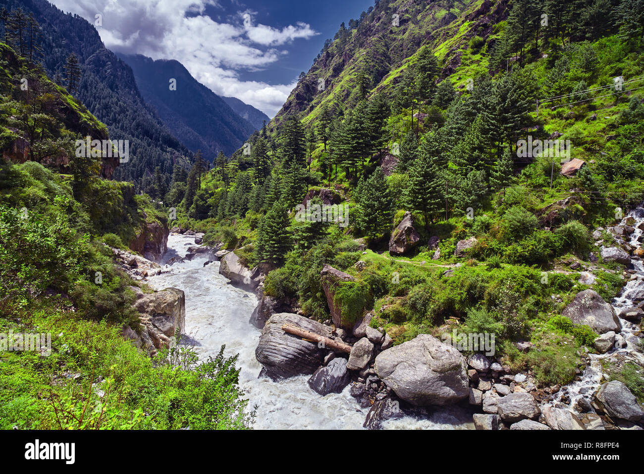 Landscape of a mountain river with traditional nature of Kullu valley ...